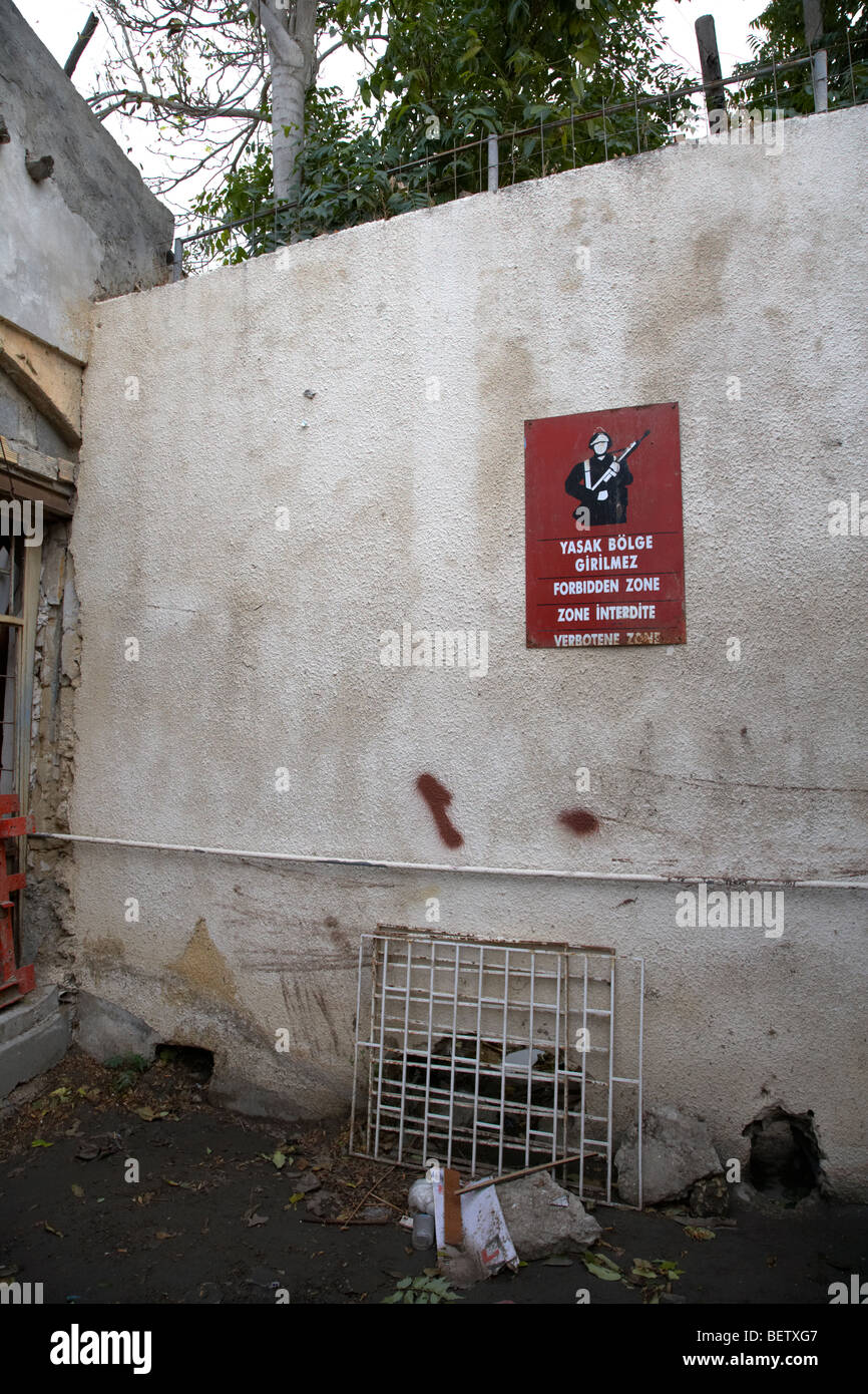 forbidden zone warning sign and walled restricted area of the UN buffer ...
