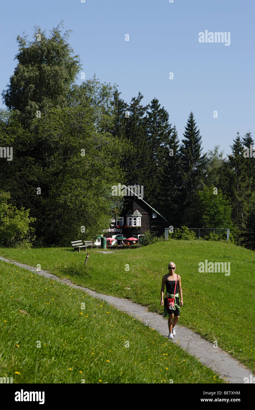 Hiker near signpost, Pfander, Bregenz, Vorarlberg, Austria Stock Photo ...