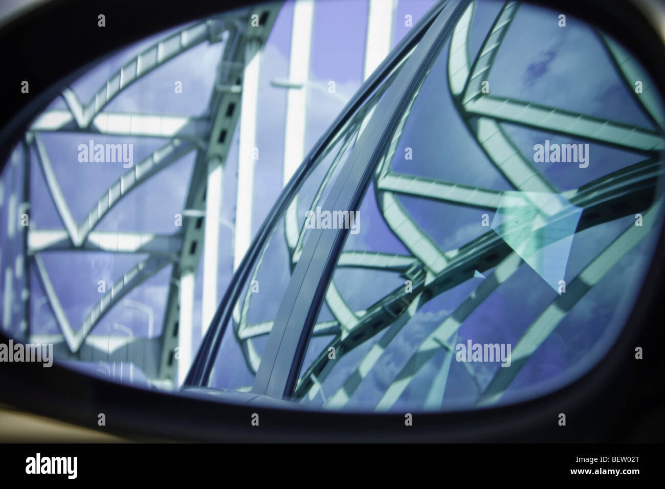 Reflection of bridge in car mirror Stock Photo - Alamy