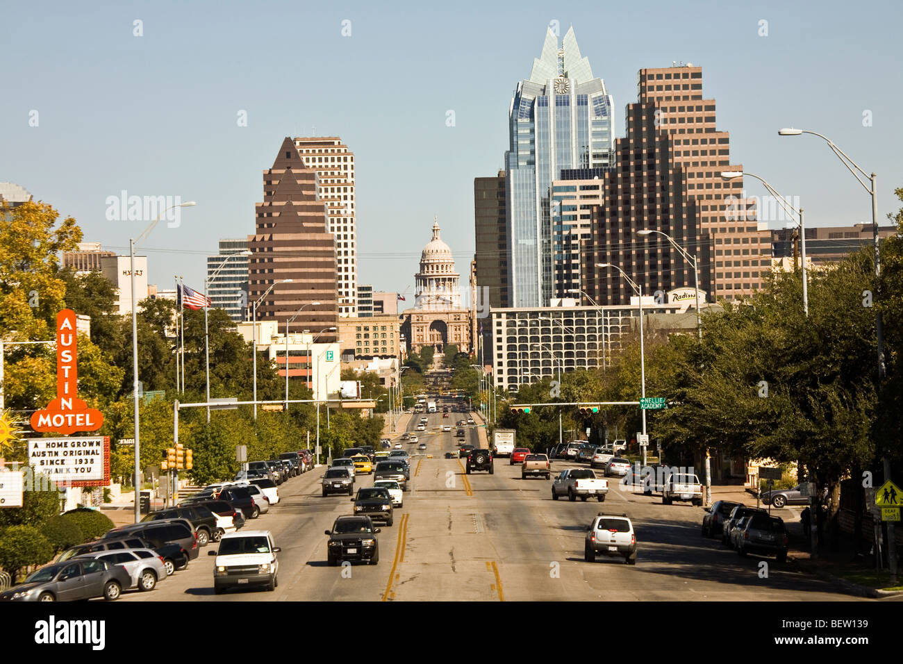 A view up South Congress Avenue to the Texas State Capitol in Austin ...