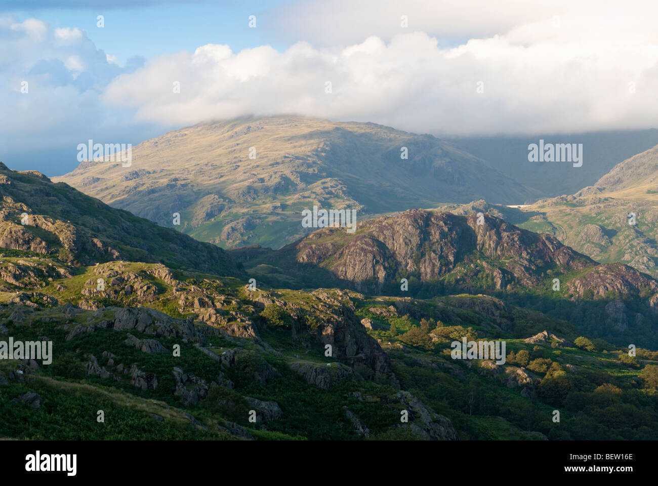 Evening view from Ulpha Fell toward Seathaite Dam in the Lake District ...