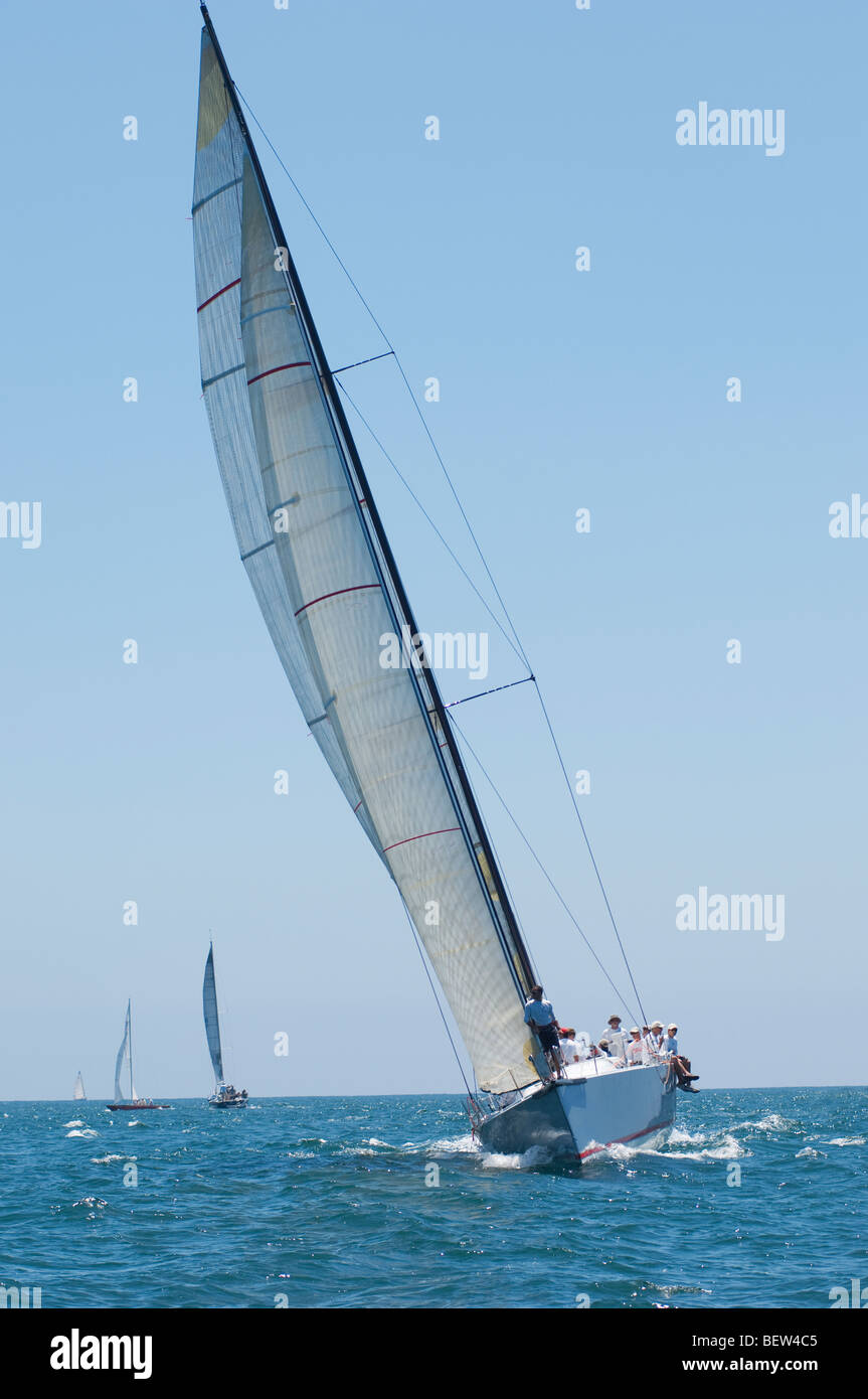 Crew on board yacht in competitive team sailing event, California Stock ...