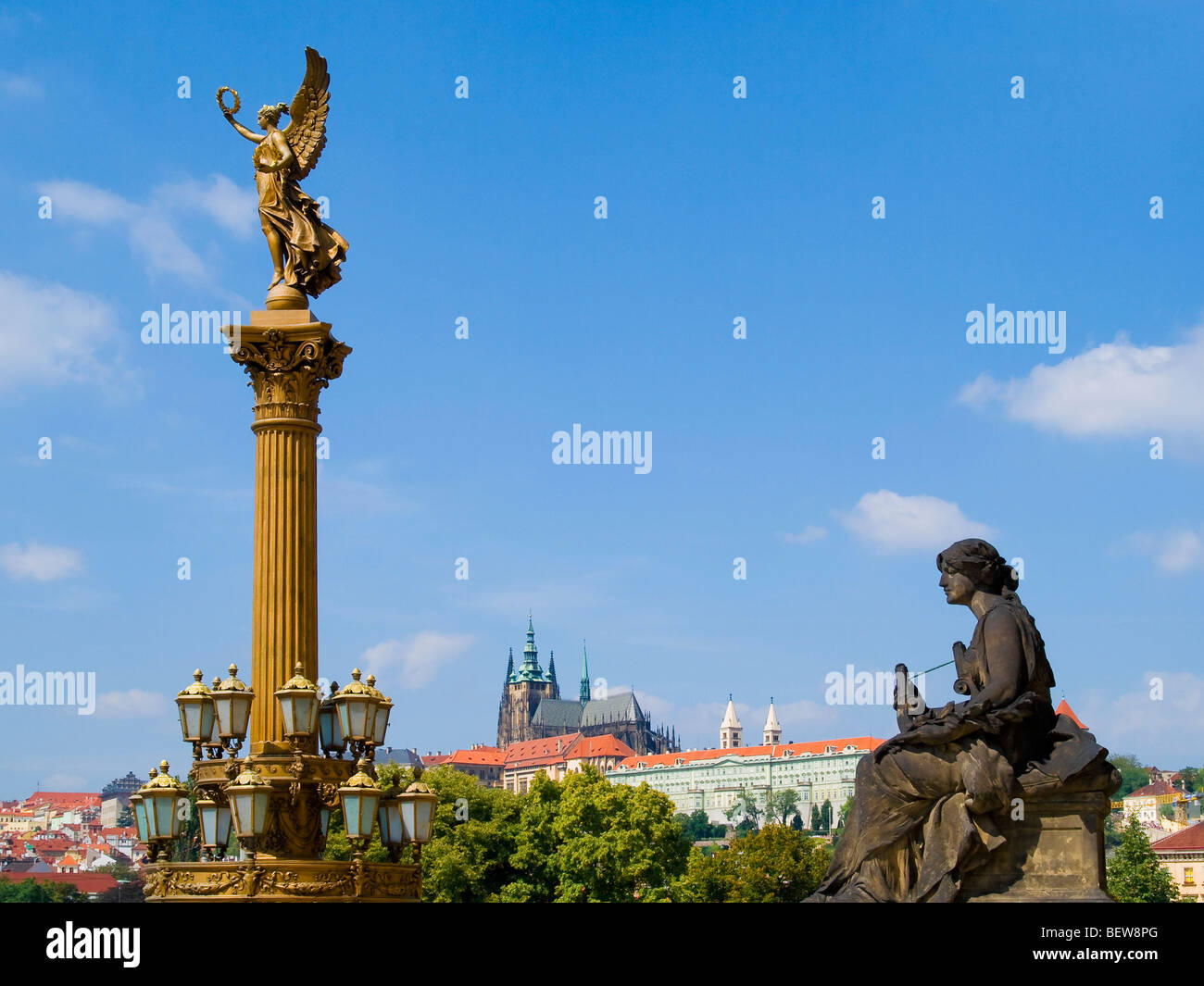 Female statues, Castle in the background, Prague, Czech Republic Stock ...
