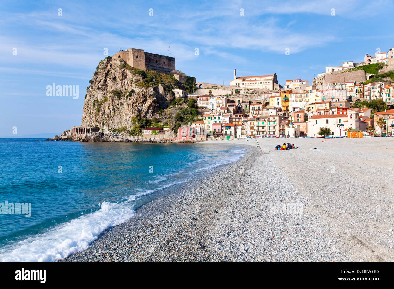 Coastline of Scilla buildings in the background, Calabria, Italy Stock ...
