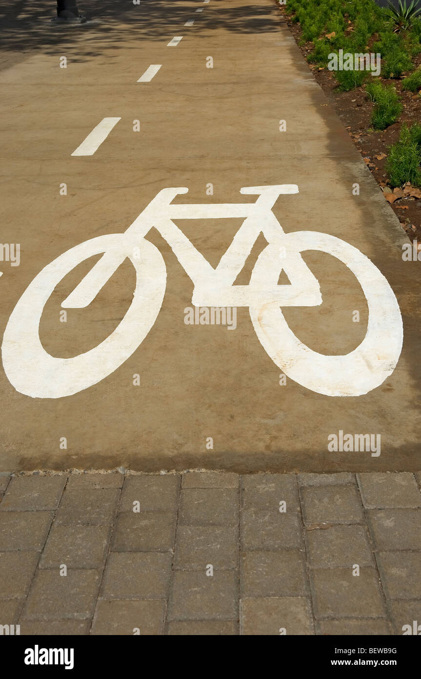 Close up of white painted designated bicycle cycle bike lane on shared ...
