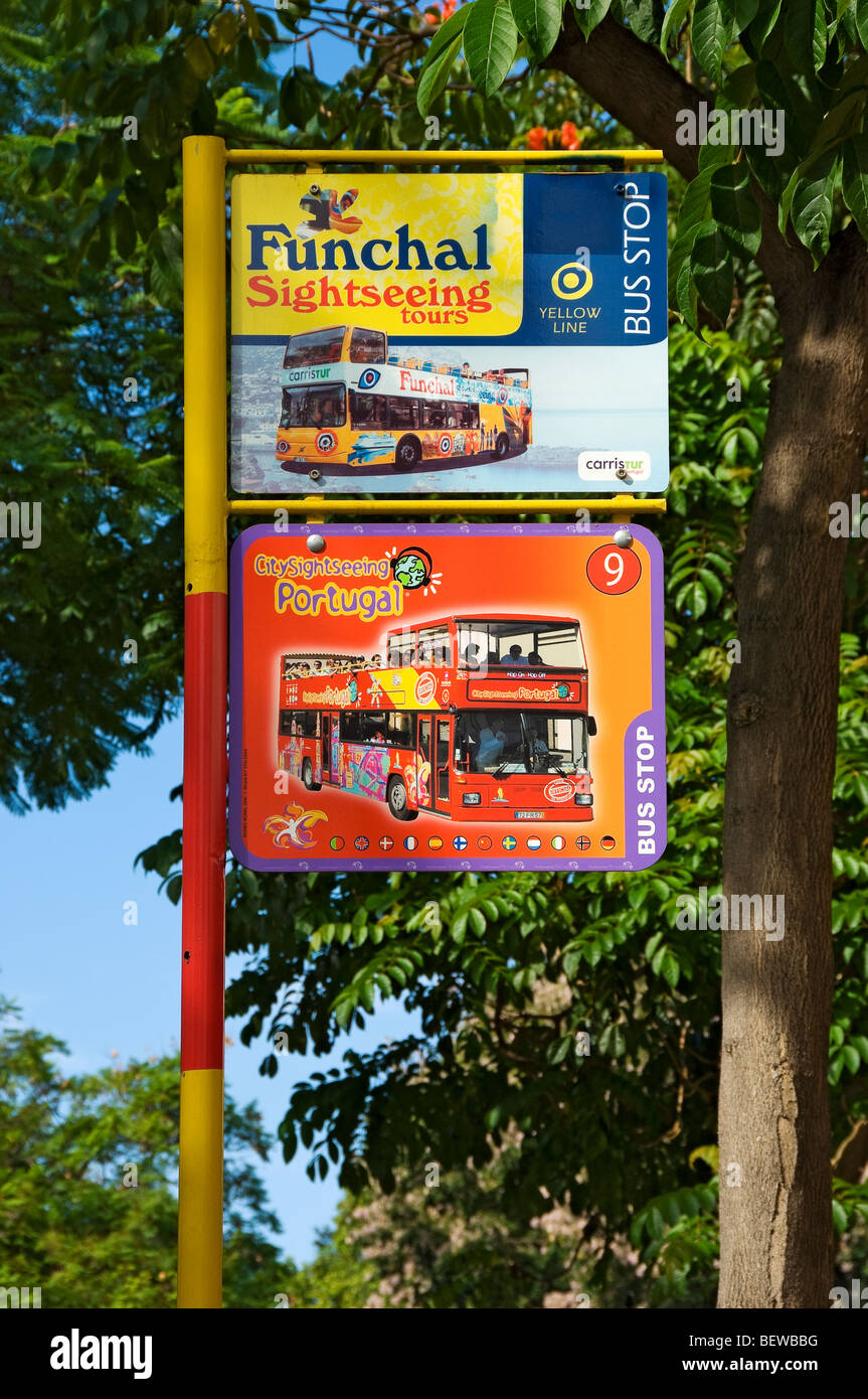 Close up of tourist sightseeing tour bus stop signs sign Funchal ...