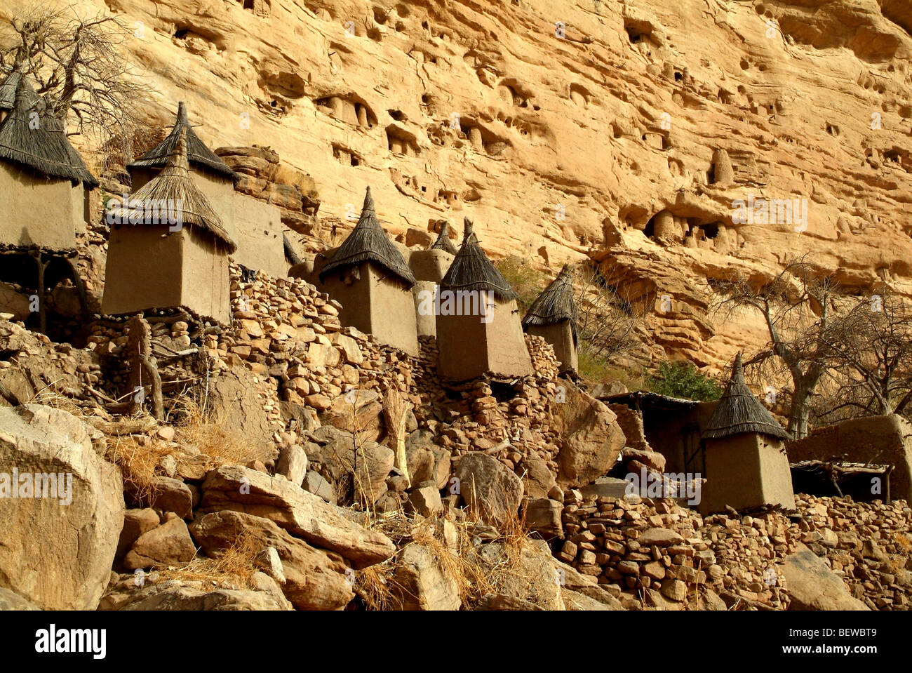 Traditional grain silos in front of escarpment at the Dogon village of ...