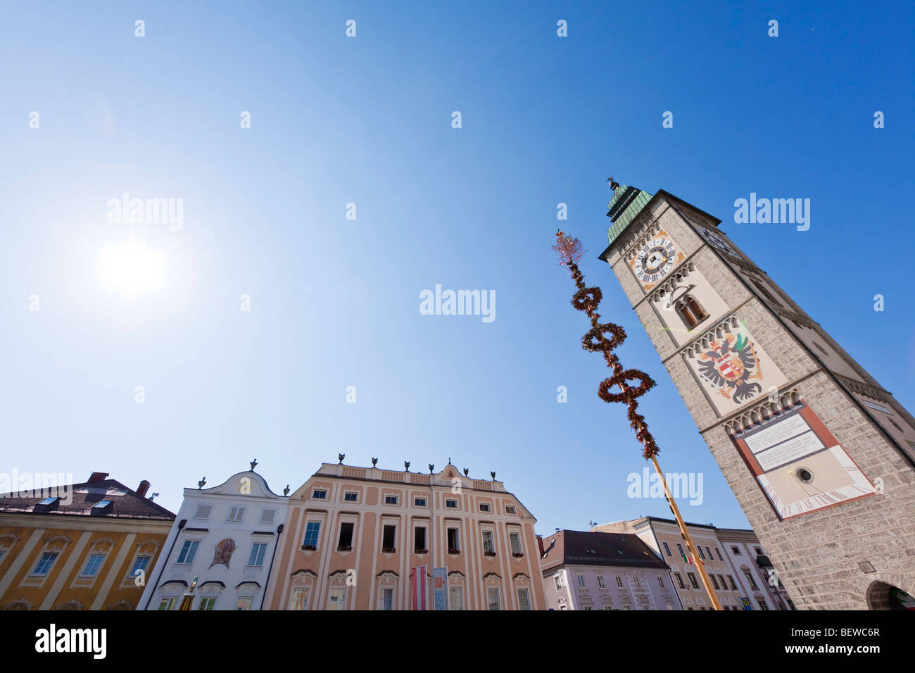 The histroical part of Enns with the city tower, Austria Stock Photo ...