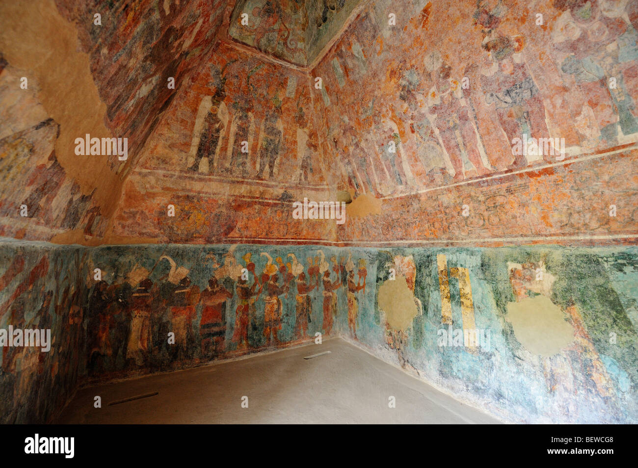 Mural paintings at the Maya ruin site of Bonampak, Chiapas, Mexico ...