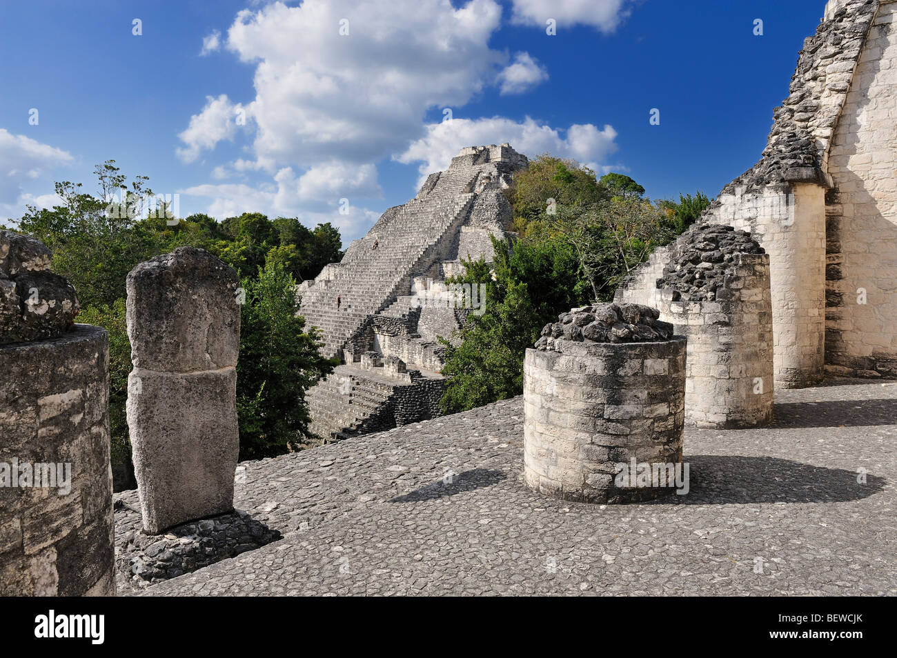 View to the pyramid IX at the Maya ruin site of Becan, Campeche, Mexico ...