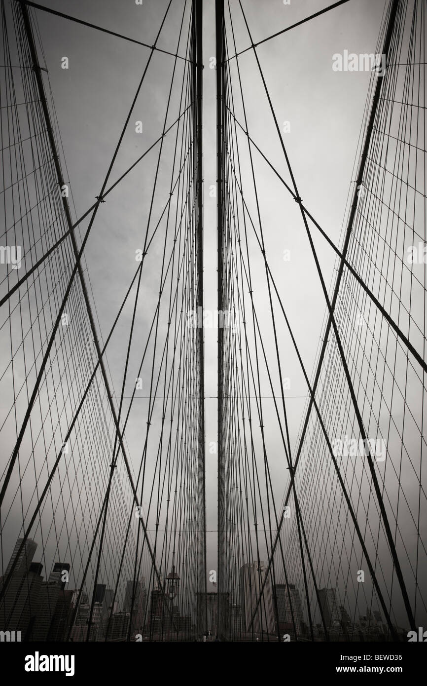 Steel ropes of the Brooklyn Bridge, New York City, USA, worm's-eye view ...
