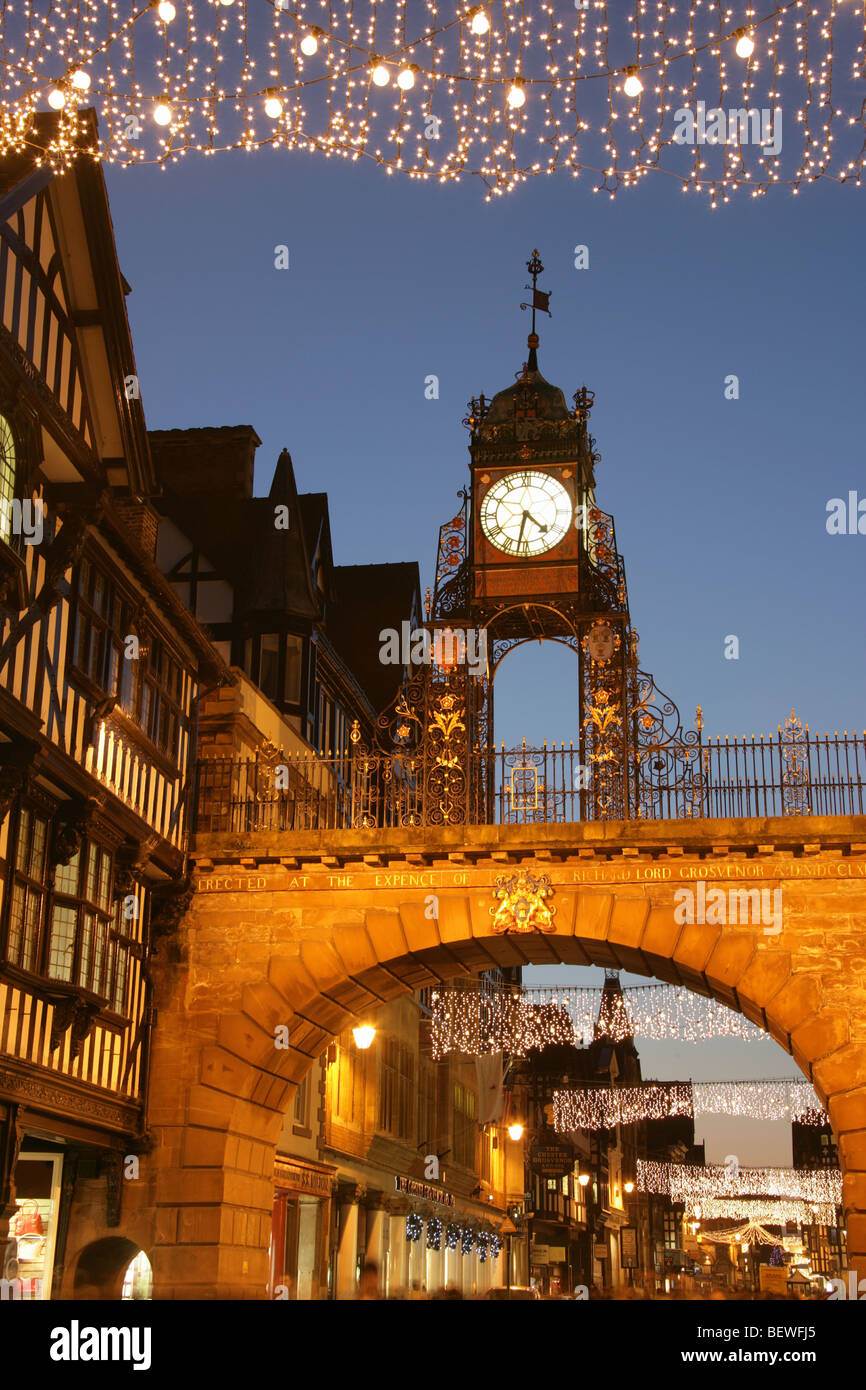 City of Chester, England. Night view of the Eastgate and Eastgate Clock ...