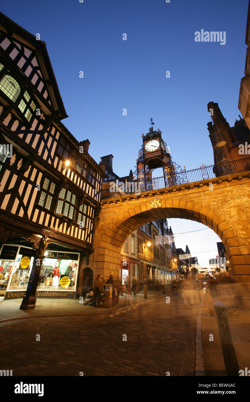 City of Chester, England. Night view of the Eastgate and Eastgate Clock ...