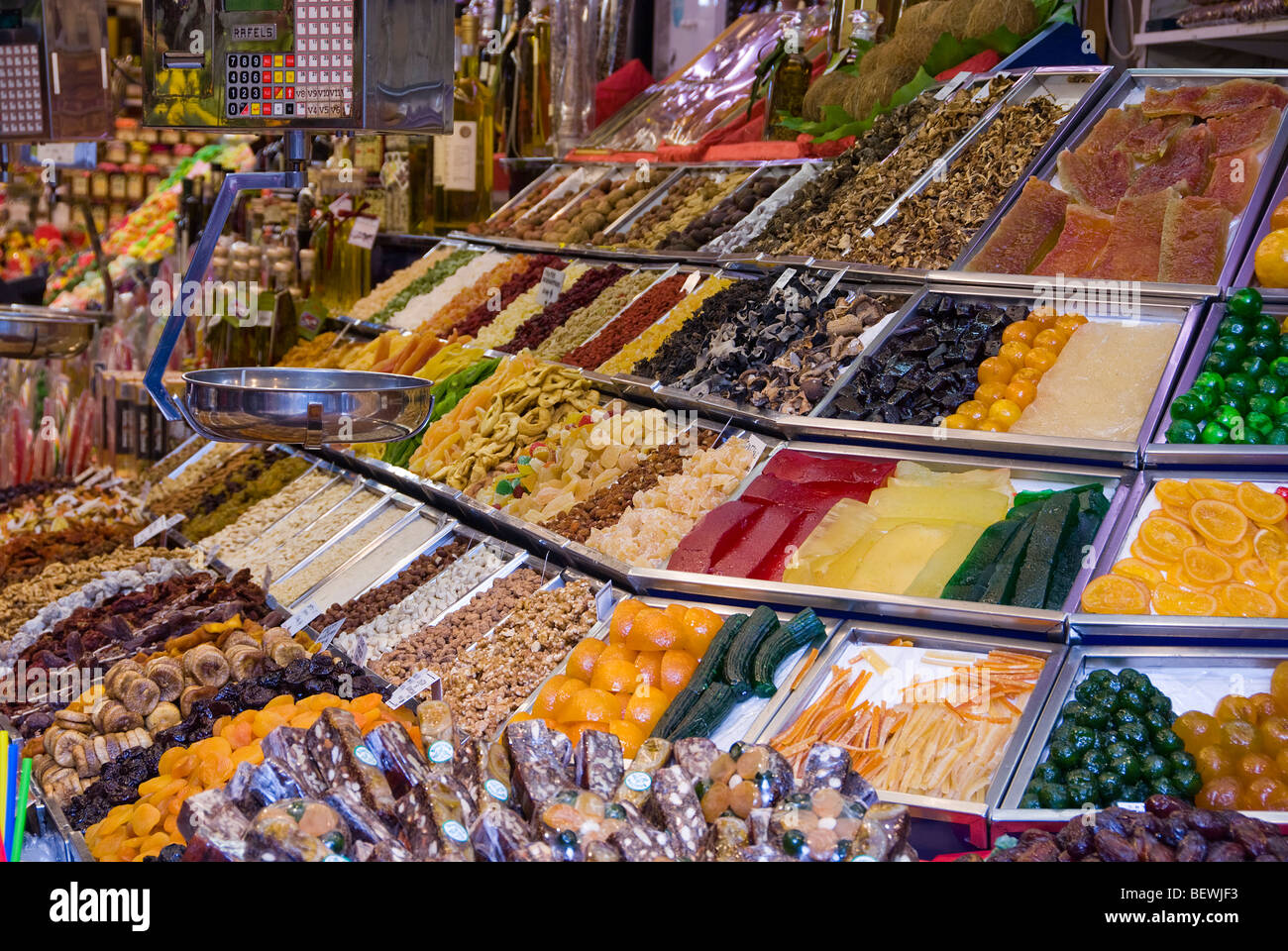 Dried fruit and confectionery stall in Barcelona market Stock Photo - Alamy