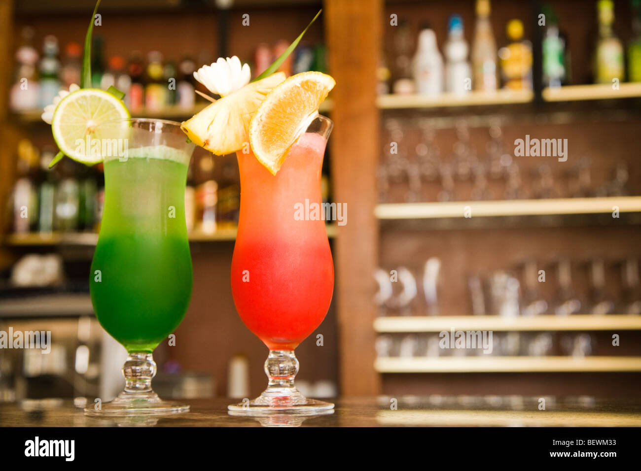 Tropical drinks on a table in a bar, Papeete, Tahiti, French Polynesia ...