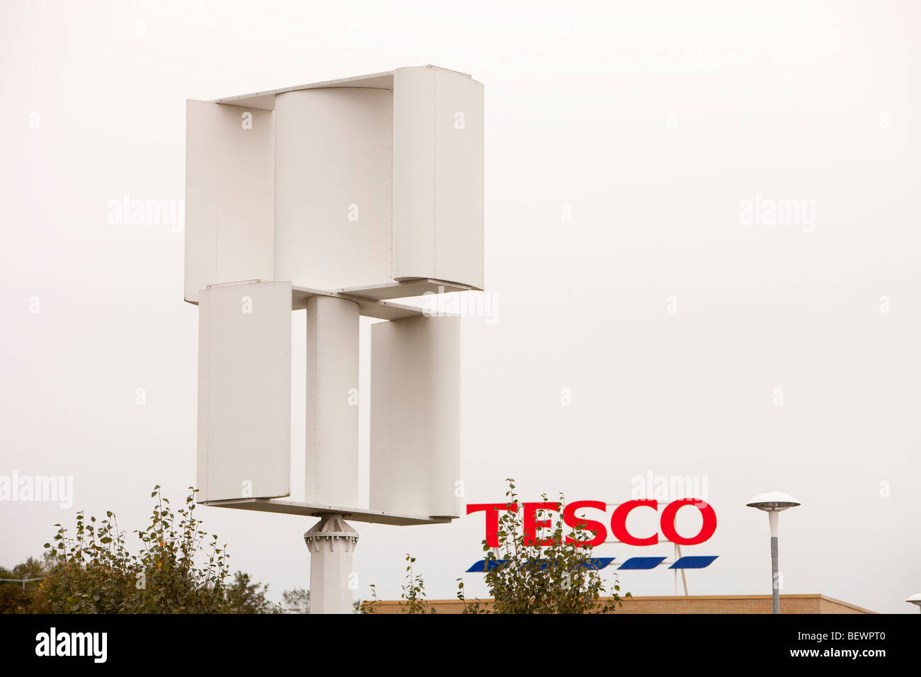 A vertical axis wind turbine in the grounds of a Tesco supermarket in ...