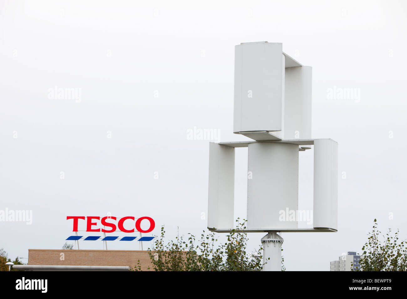 A vertical axis wind turbine in the grounds of a Tesco supermarket in ...