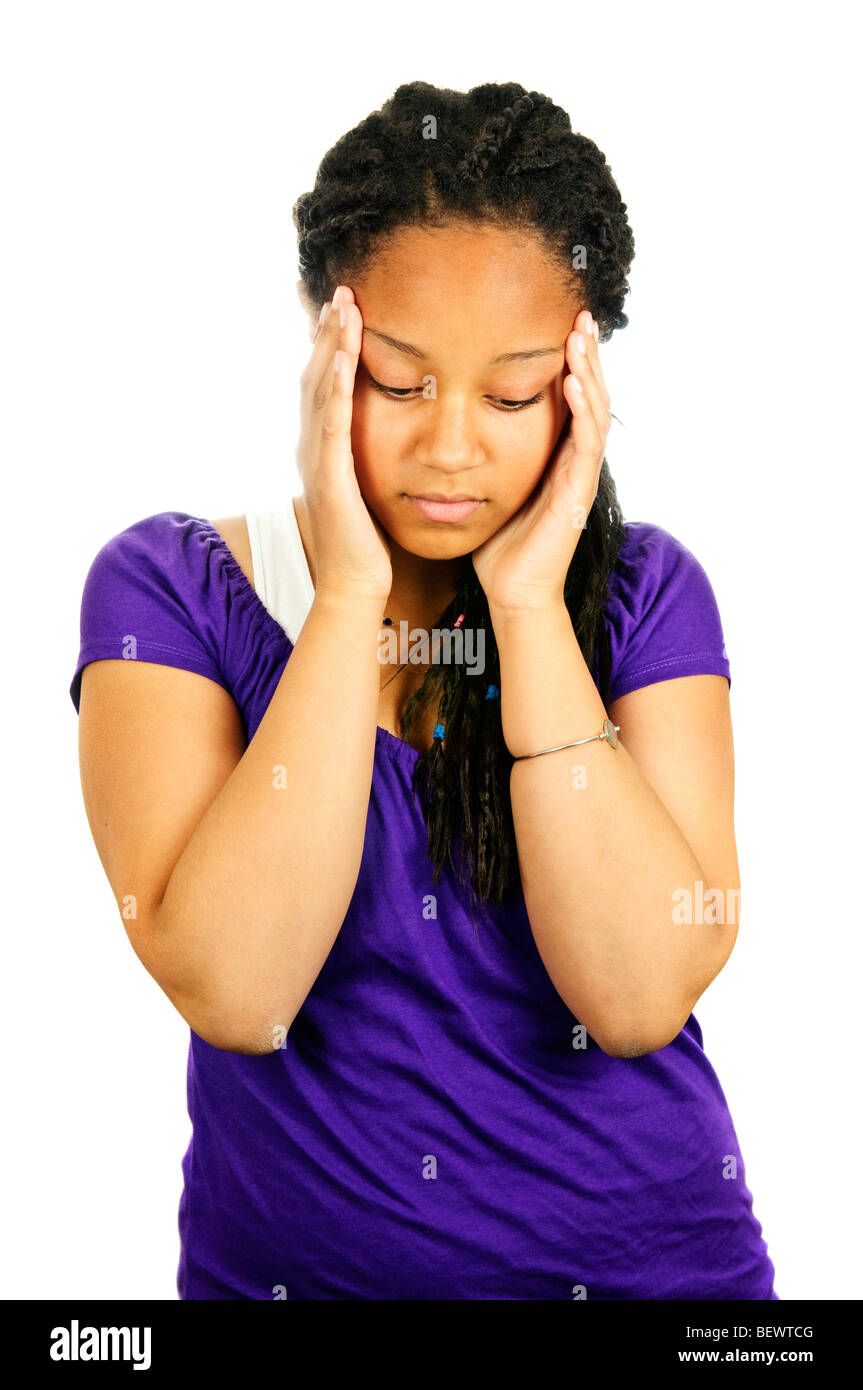 Isolated portrait of worried teenage girl with headache Stock Photo - Alamy