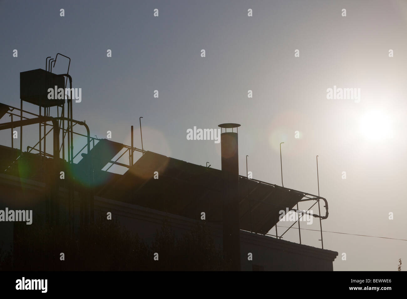 Solar water heating panels on the roof of a launderette in Teos ...
