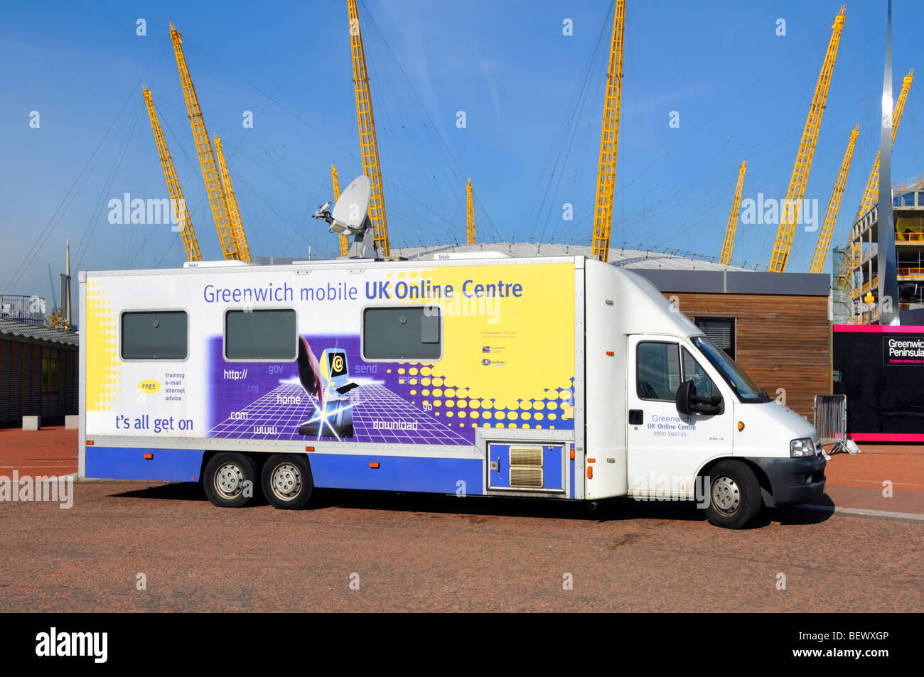 Greenwich Mobile UK Online Centre van parked near the o2 arena adjacent ...