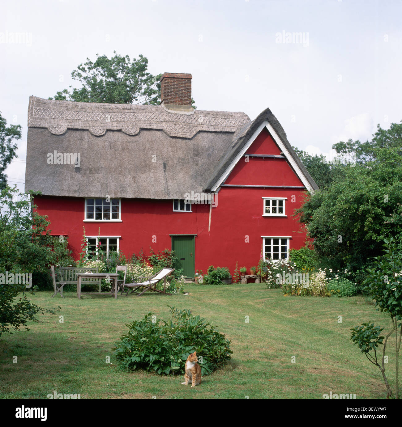 Traditional red country cottage with thatched roof and garden with ...