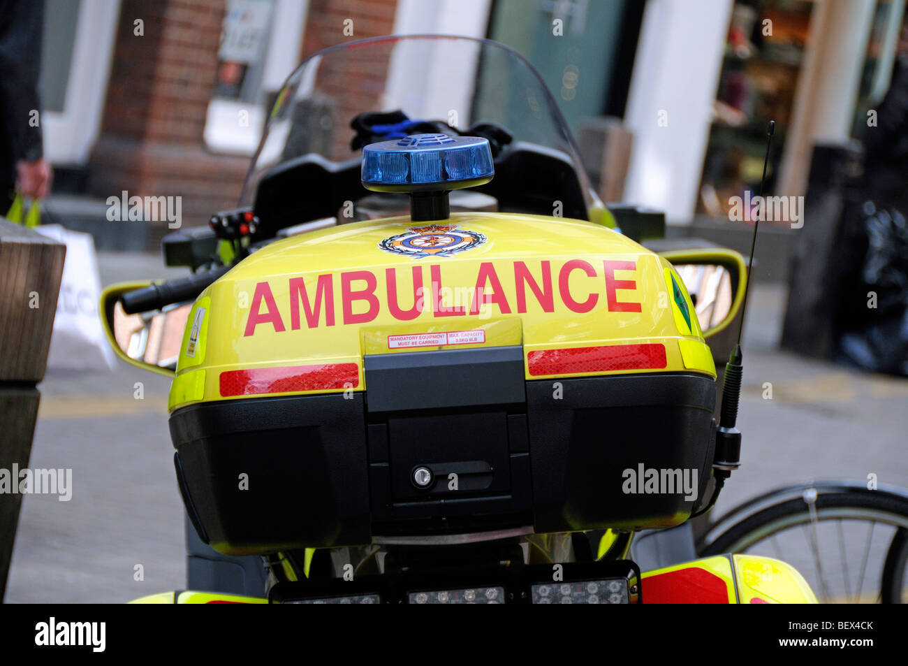Ambulance sign printed on back of motor bike London England UK Stock ...