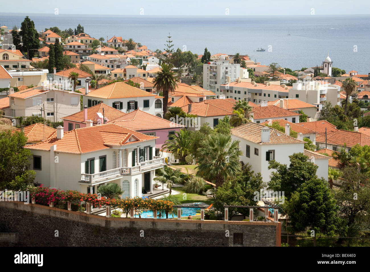 A view across the rooftops of Funchal, Madeira, to the ocean Stock ...