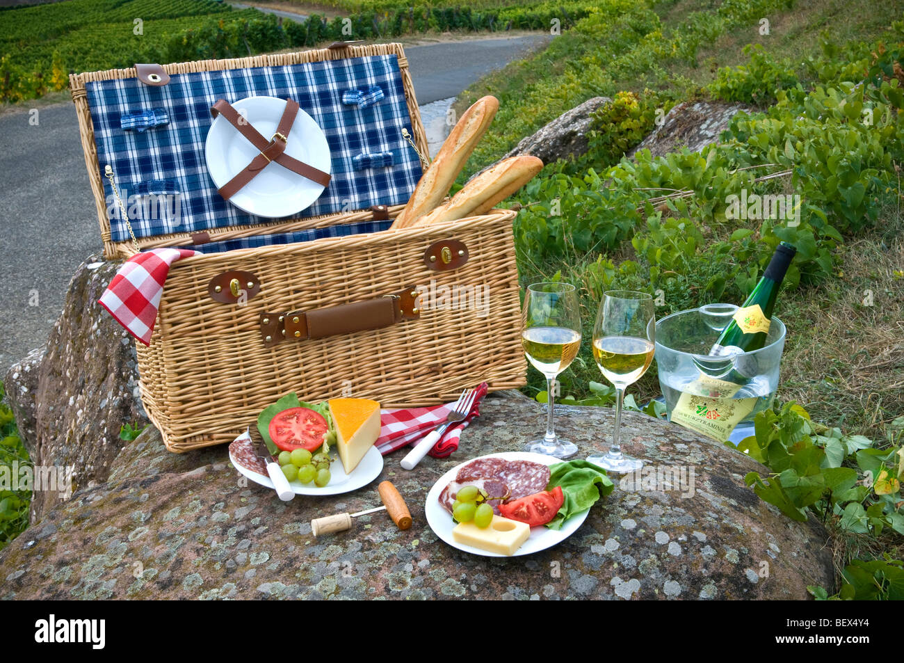 Roadside picnic in the vineyards above the medieval historic village of ...