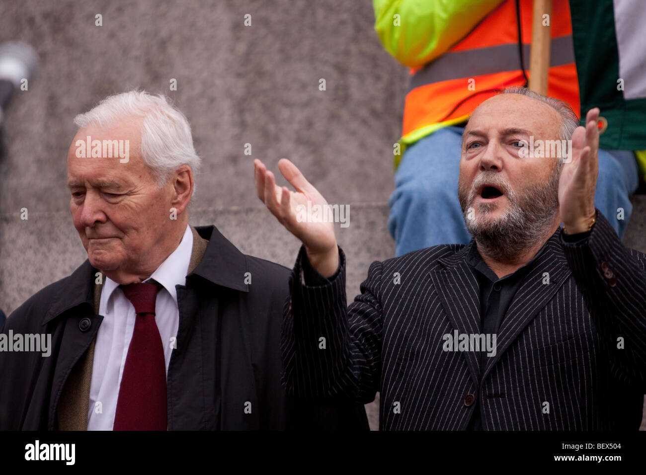 Tony Benn and George Galloway at an anti-war demonstration in Trafalgar ...