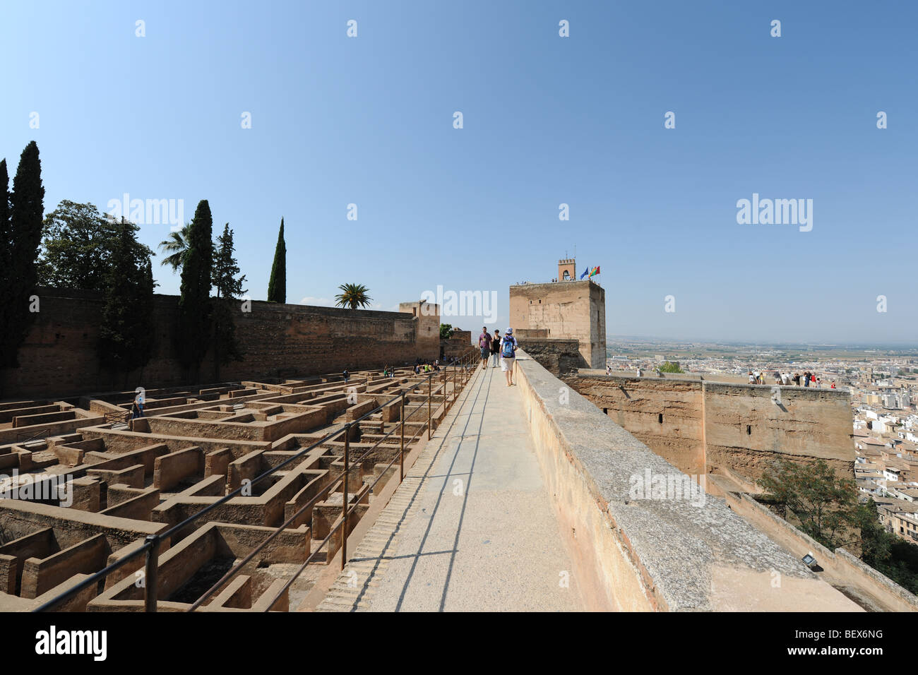 view along the parapet walkway to Torre de la Vela, The Alcazaba, (The ...