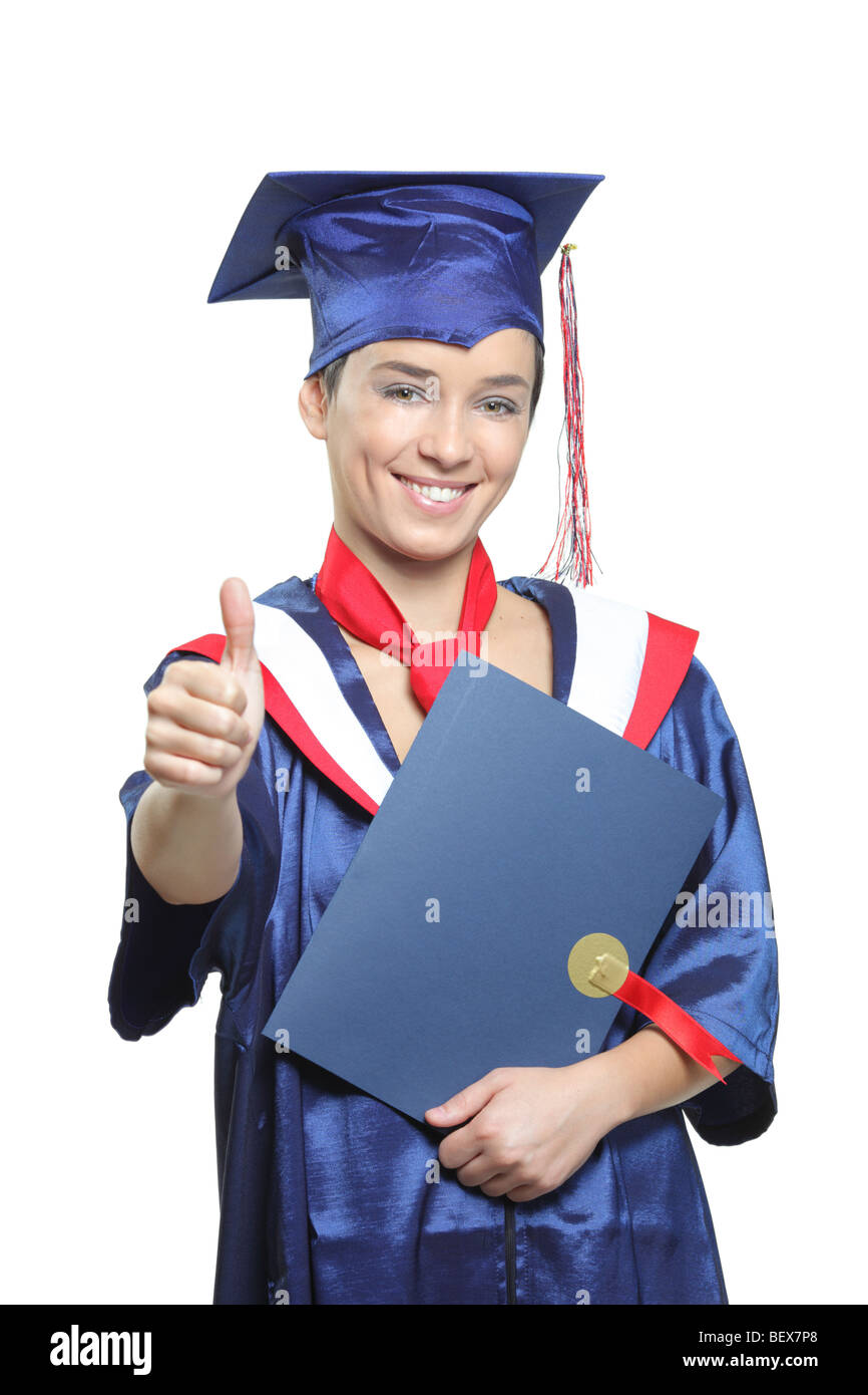 Confident graduating student wearing cap and gown isolated on white ...
