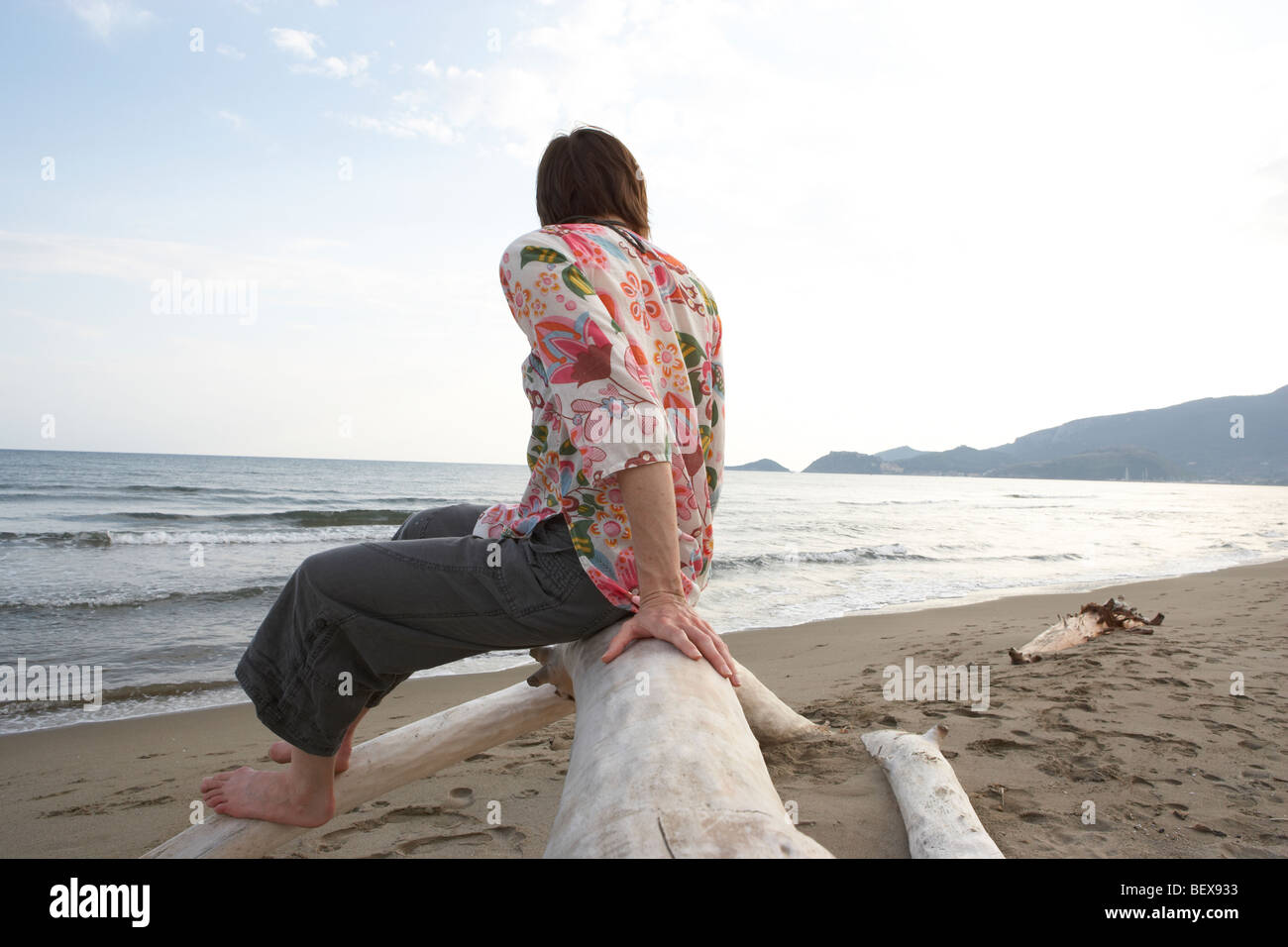 Woman sitting on a log on a beach Stock Photo - Alamy