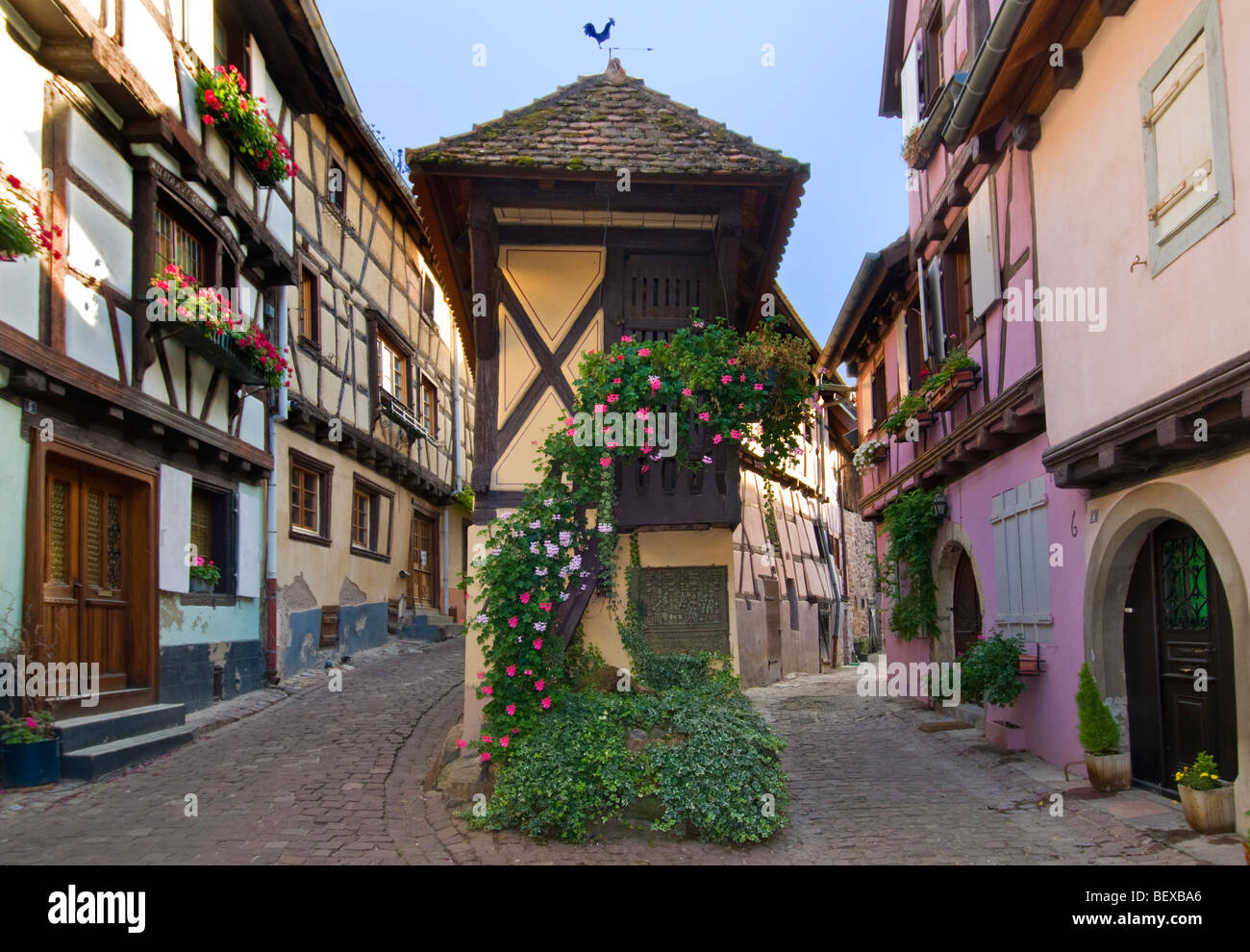 Historic renowned view of 'Rue du Rempart ' in medieval Eguisheim wine ...