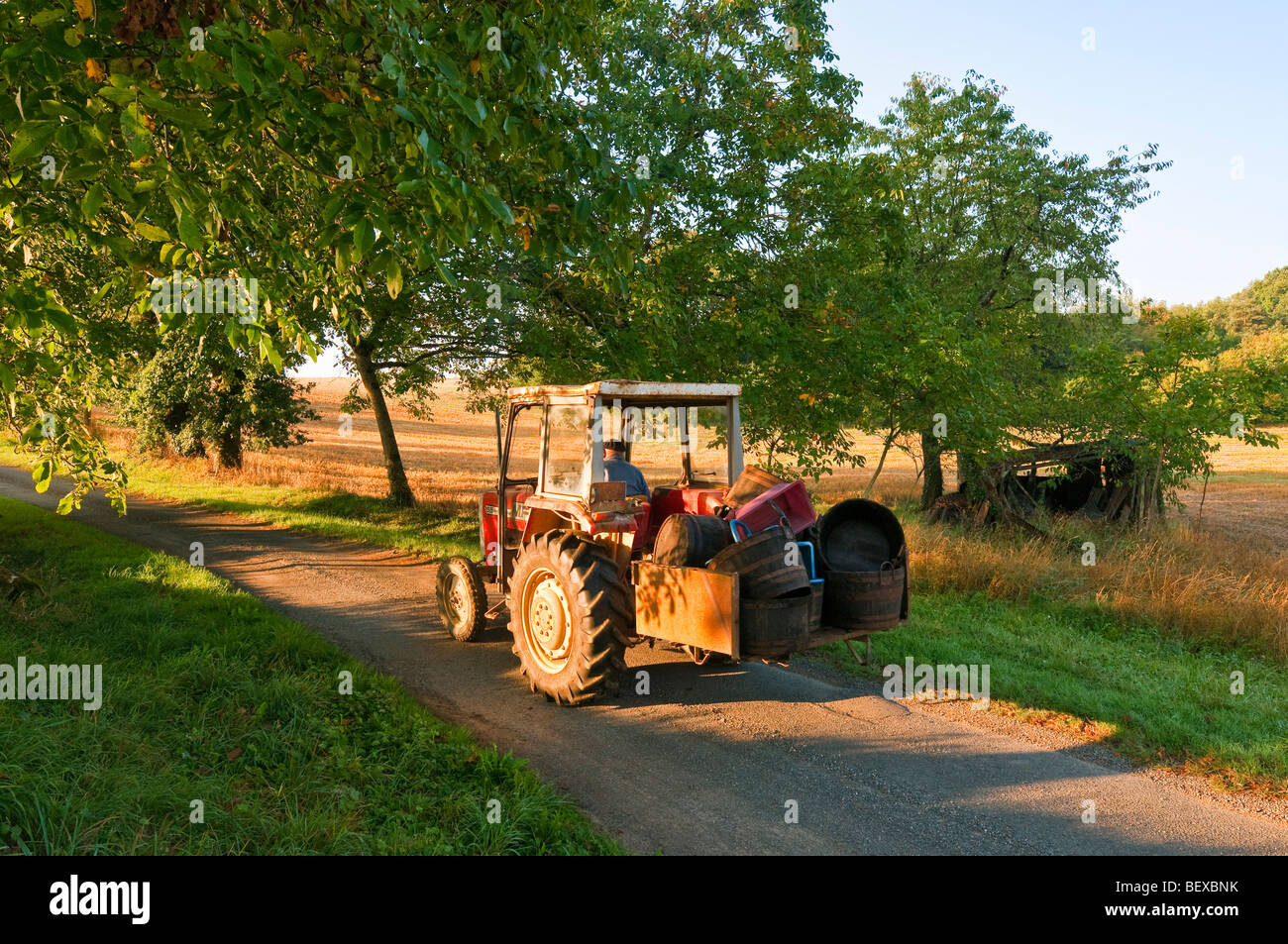 French peasant farmer driving old tractor along narrow lane - sud ...