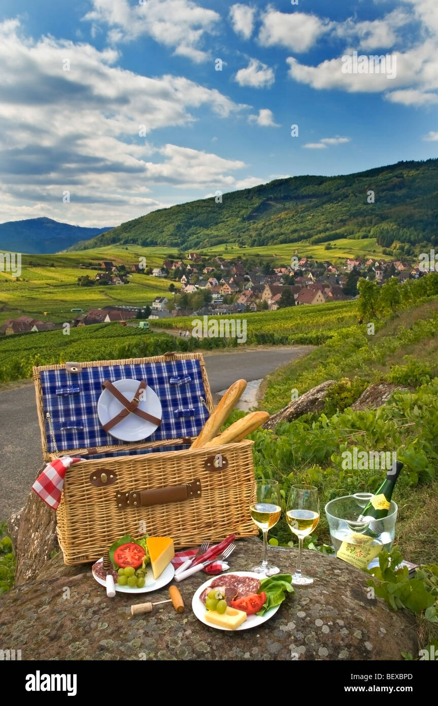 Roadside picnic in the vineyards above the medieval historic village of ...