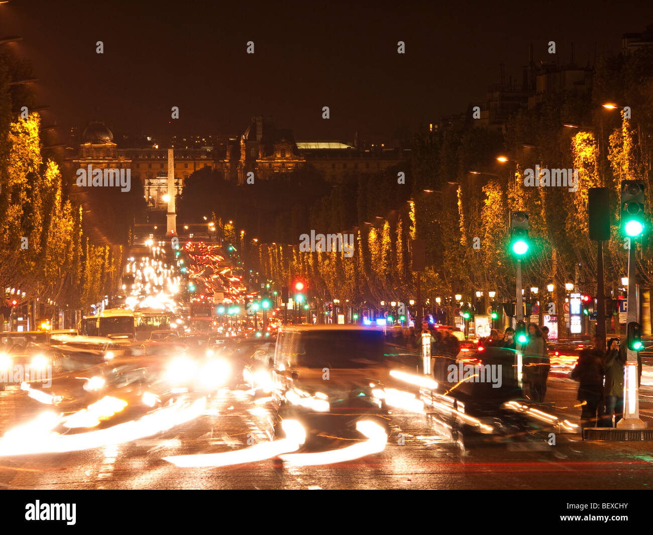View down the Avenue des Champs-Elysées at night in Paris France Stock ...