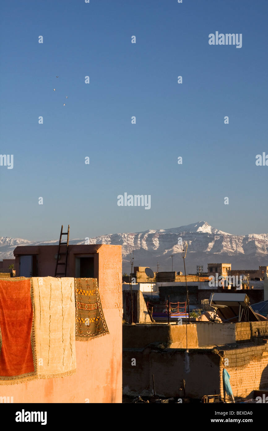 View from top of Marrakesh medina in sunny day with snowy atlas ...