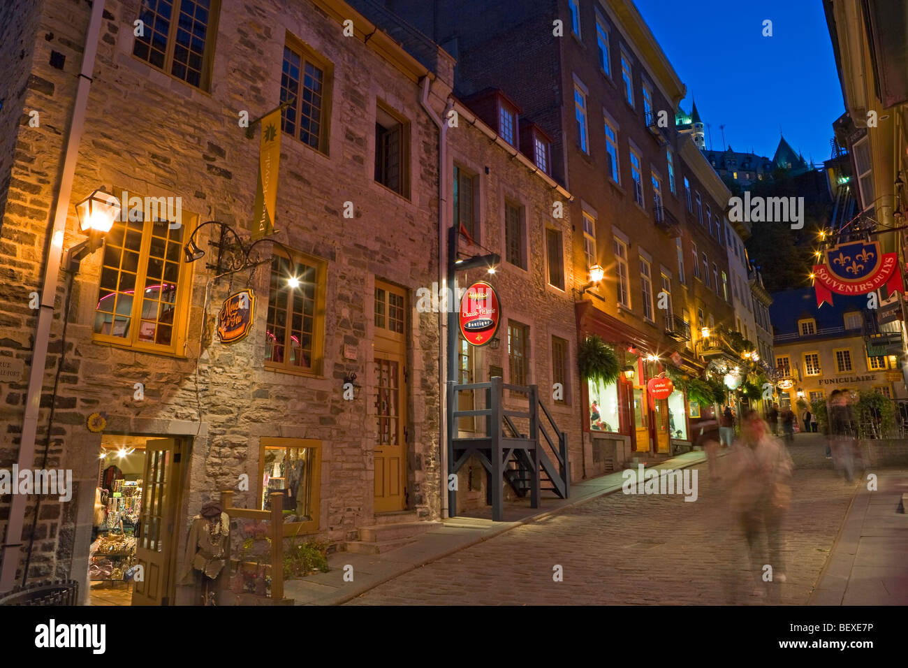 Blue hour along rue Sous le Fort in Old Quebec, Quebec City, Quebec ...