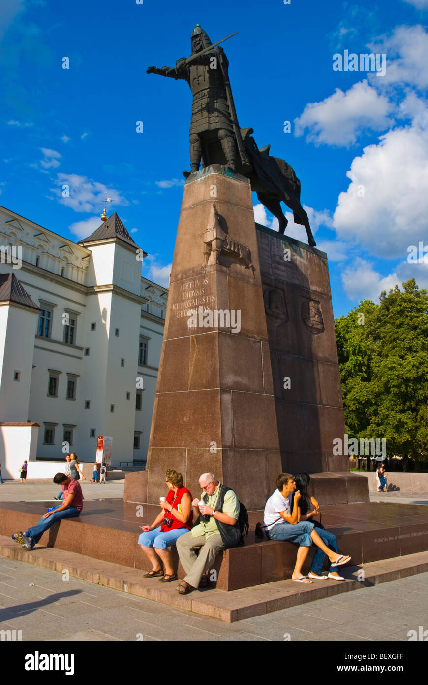 People at equestrian statue of Gediminas at Katedros aikste square in ...
