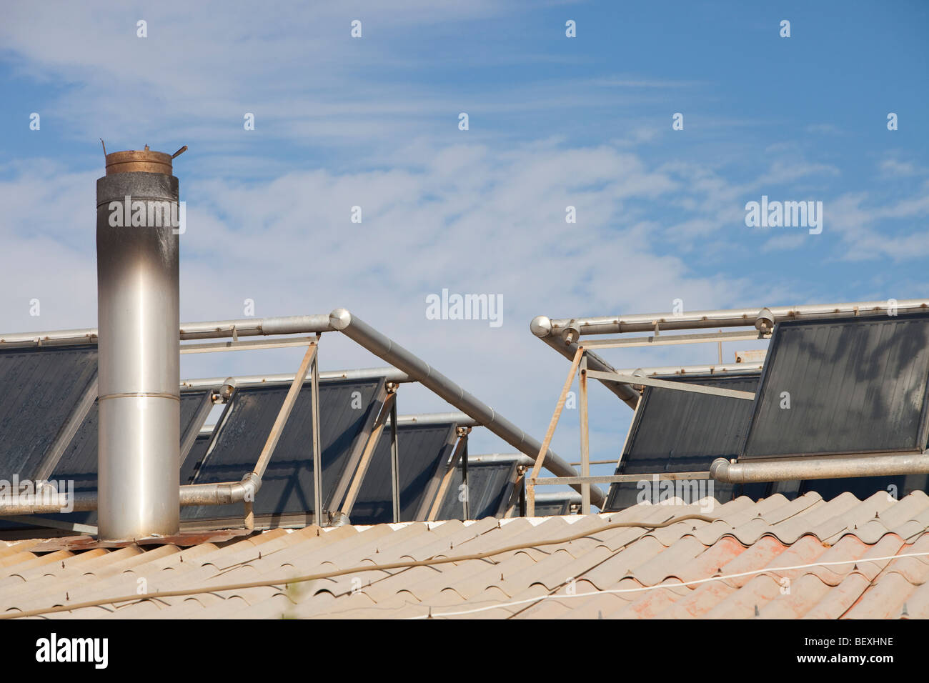 Solar water heating panels on the roof of a launderette in Teos ...