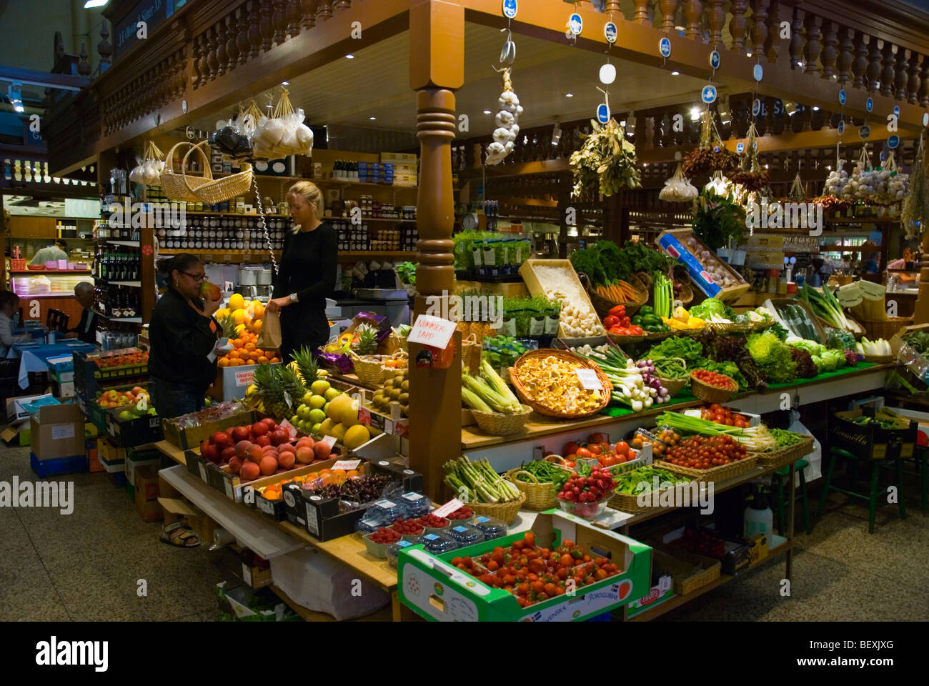 Fresh produce stall in Östermalms Saluhallen the Östermalm market hall ...