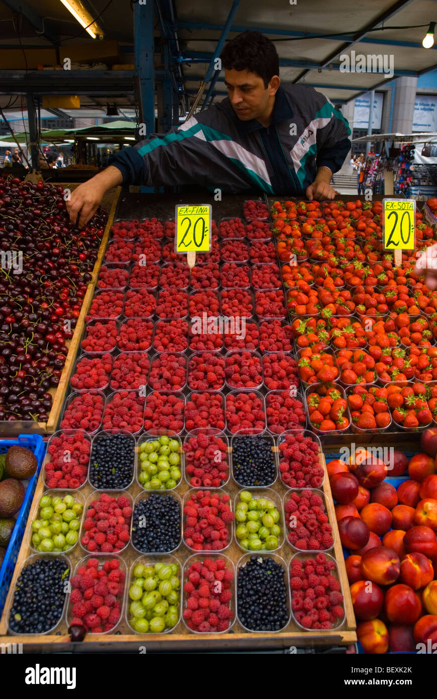 Berry stall Hötorget market square in central Stockholm Sweden Europe ...