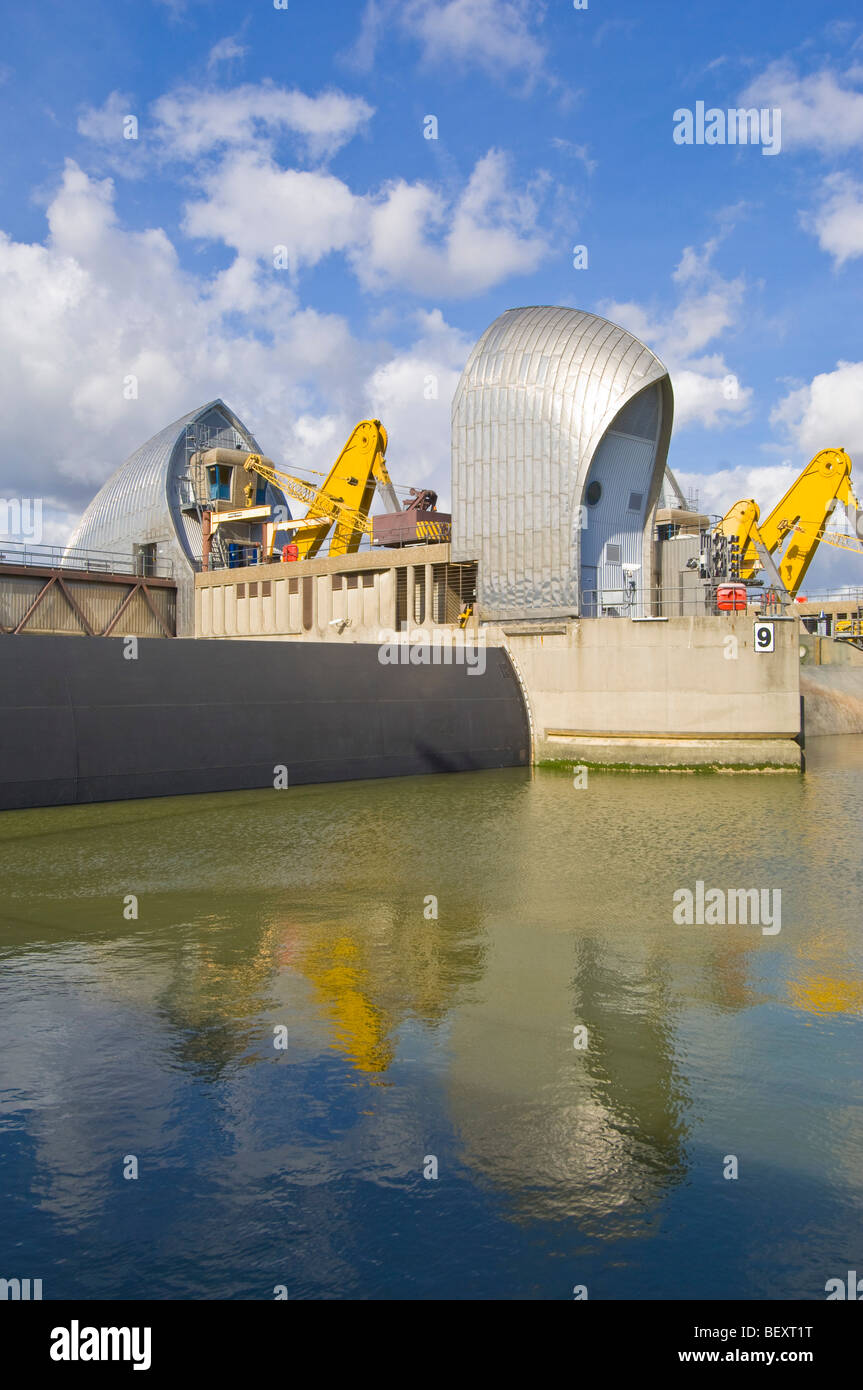 The Thames Barrier on the down stream side with the gates in the raised ...
