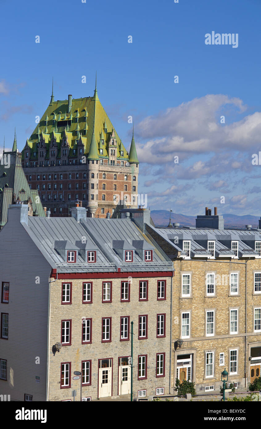 Chateau Frontenac with old Quebec style architecture with blue sky in ...