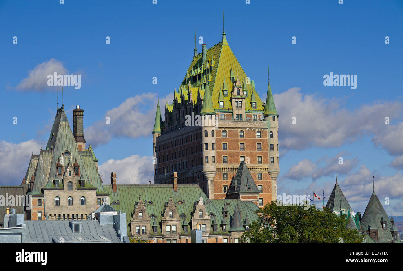 Chateau Frontenac with old Quebec style architecture with blue sky in ...