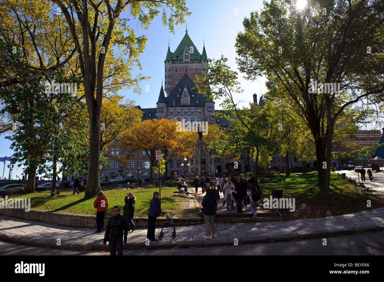 A park in front of the Chateau Frontenac in Ville de Quebec Stock Photo ...
