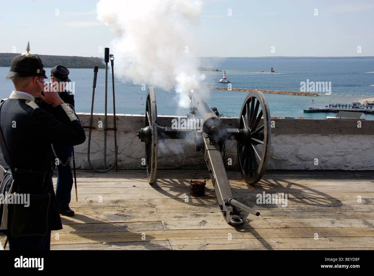 Cannon being fired in Fort Mackinac, Mackinac Island, Michigan Stock ...