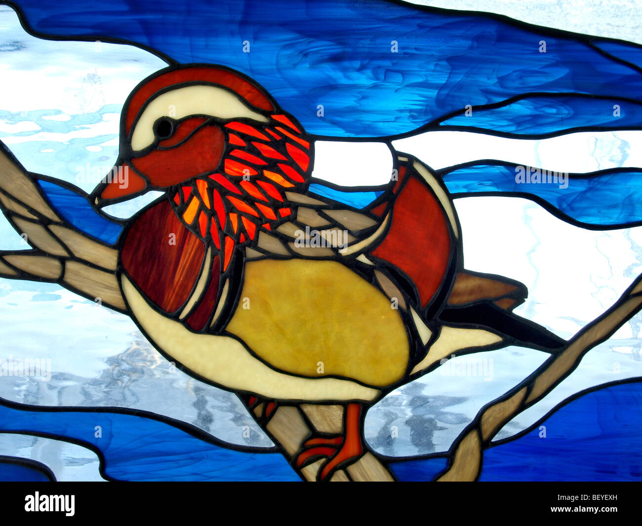 duck bird sitting on a branch with blue sky behind all done in art of ...