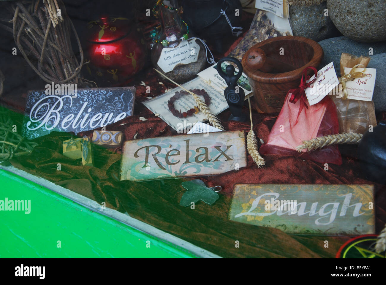 esoteric shop window display Glastonbury High Street Somerset England ...