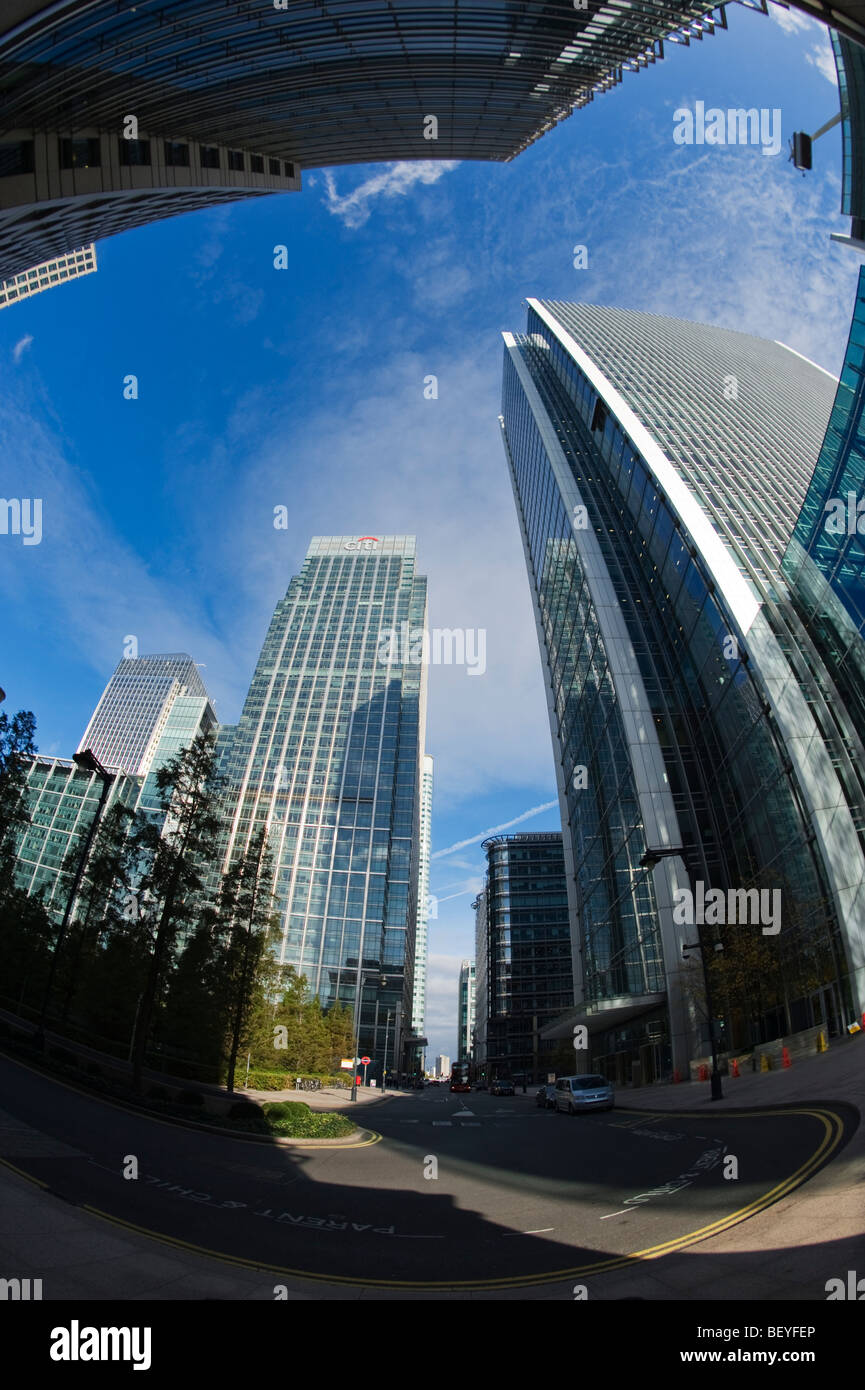 High rise office buildings of the financial sector at Canary Wharf ...